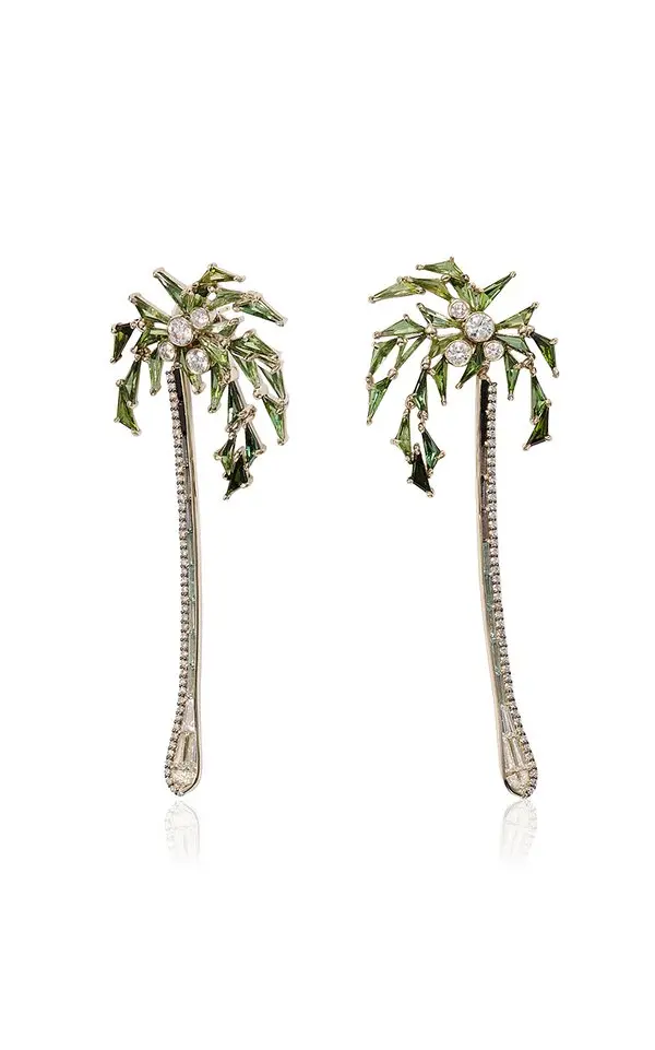 Nak Armstrong Palm & Stem 18k White Gold Tourmaline Earrings - Green