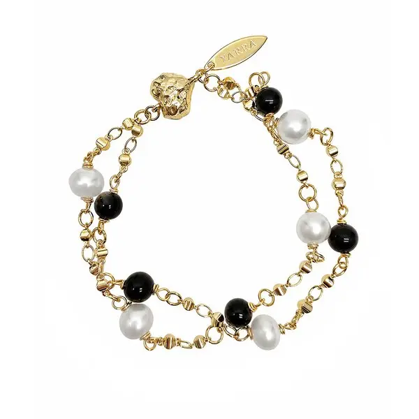 FARRA Obsidian And White Freshwater Pearl Double Layers Magnetic Clasp Bracelet