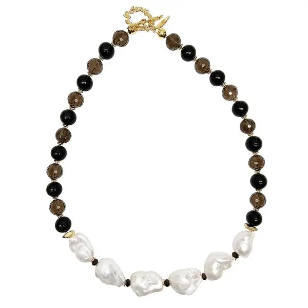 FARRA Quartz And Obsidian With Baroque Pearl Statement Necklace - Black