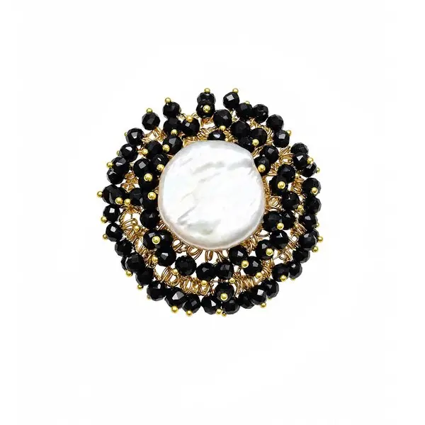 FARRA Romantic Style Freshwater Pearl With Obsidian Cocktail Ring - Black