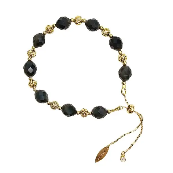 FARRA Romantic Style Oval Obsidian Adjustable Bracelet - Black
