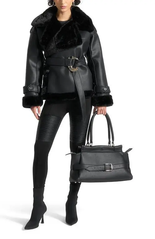 Manière De Voir Charlene Leather And Plush Wrap Belted Jacket