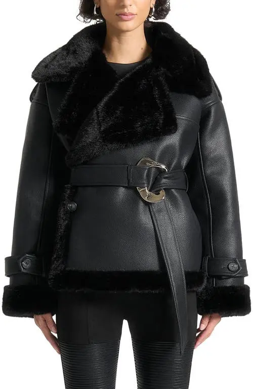 Manière De Voir Charlene Leather And Plush Wrap Belted Jacket