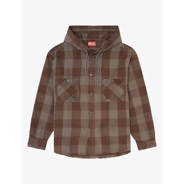 DIESEL® Distressed Check-flannel Cotton Hooded Shirt