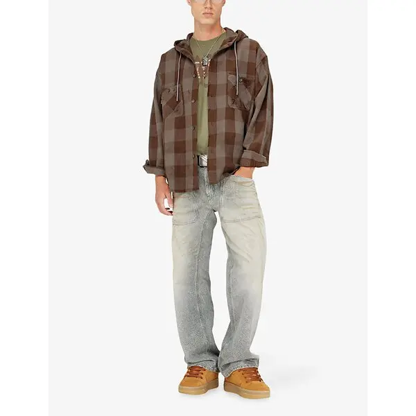 DIESEL® Distressed Check-flannel Cotton Hooded Shirt