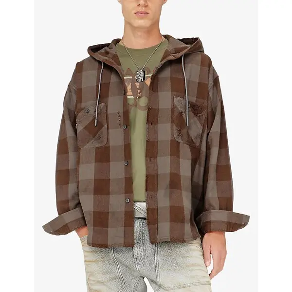 DIESEL® Distressed Check-flannel Cotton Hooded Shirt