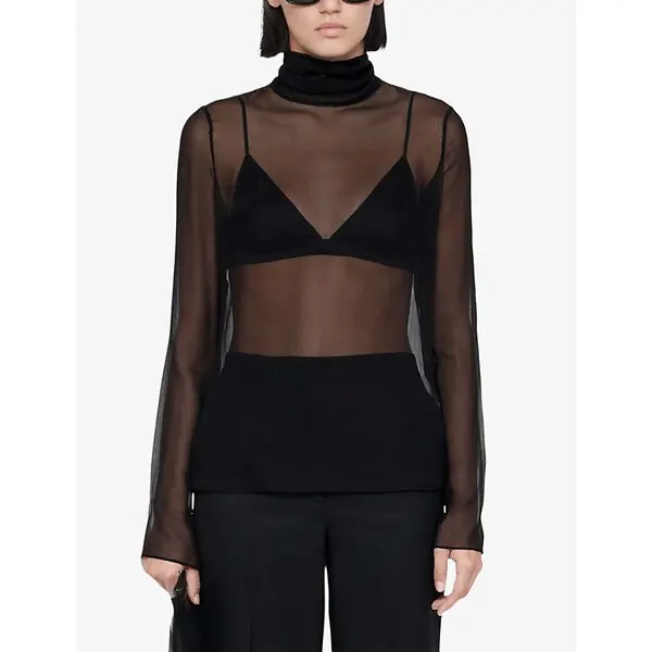 ALLSAINTS Kumi High-neck Long-sleeve Silk Top - Black