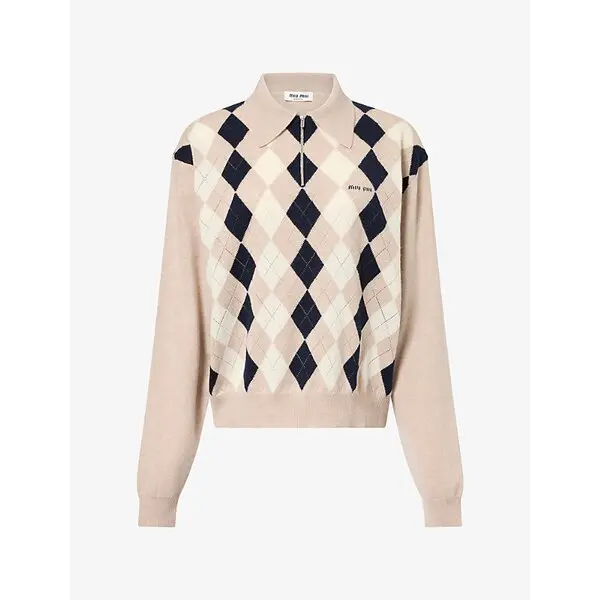 Miu Miu Argyle Long-sleeve Cashmere Polo Top