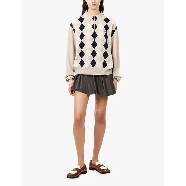 Miu Miu Argyle Long-sleeve Cashmere Polo Top
