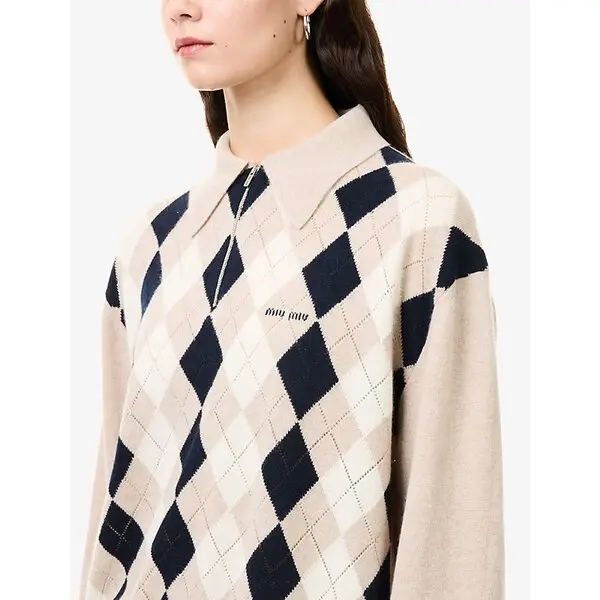 Miu Miu Argyle Long-sleeve Cashmere Polo Top