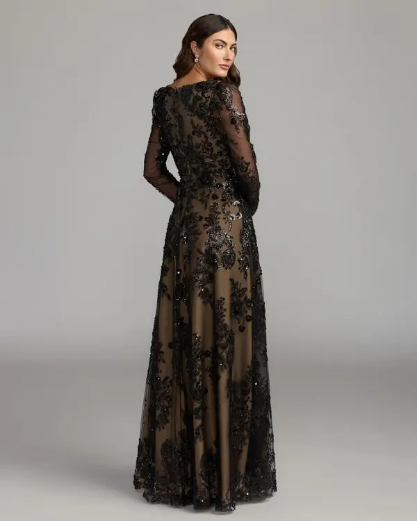 Mac Duggal Nude Embroidered Long Sleeve V-neck Gown