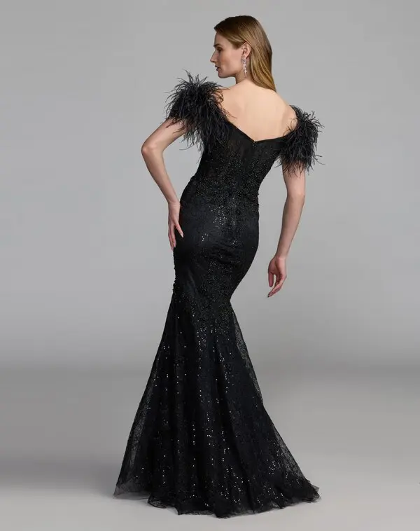 MAC DUGGAL COLLECTION Beaded Lace Mermaid Gown With Feathers