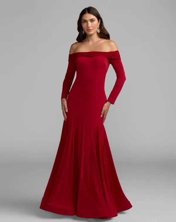 Mac Duggal Off The Shoulder Long Sleeve Trumpet Gown - Red