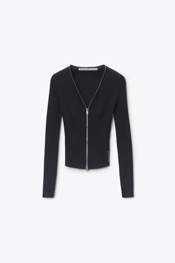 Alexander Wang V-neck Long Sleeve Pointelle Zip Cardigan - Black