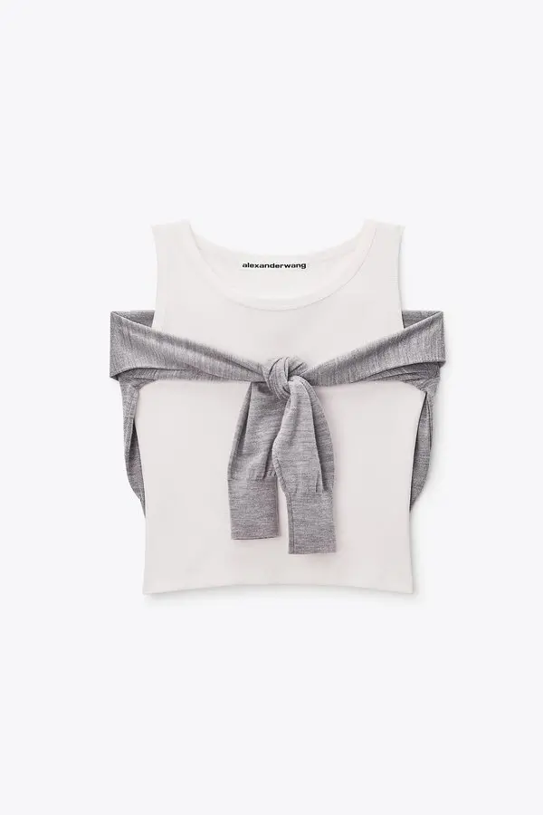 Alexander Wang Layered Tank With Tie-front Sweater Detail - Heather Grey/white