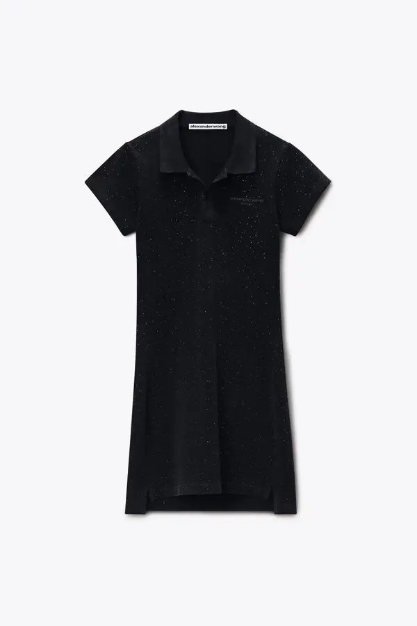 Alexander Wang Allover Crystal Hotfix Shrunken Mini Polo Dress - Washed Black