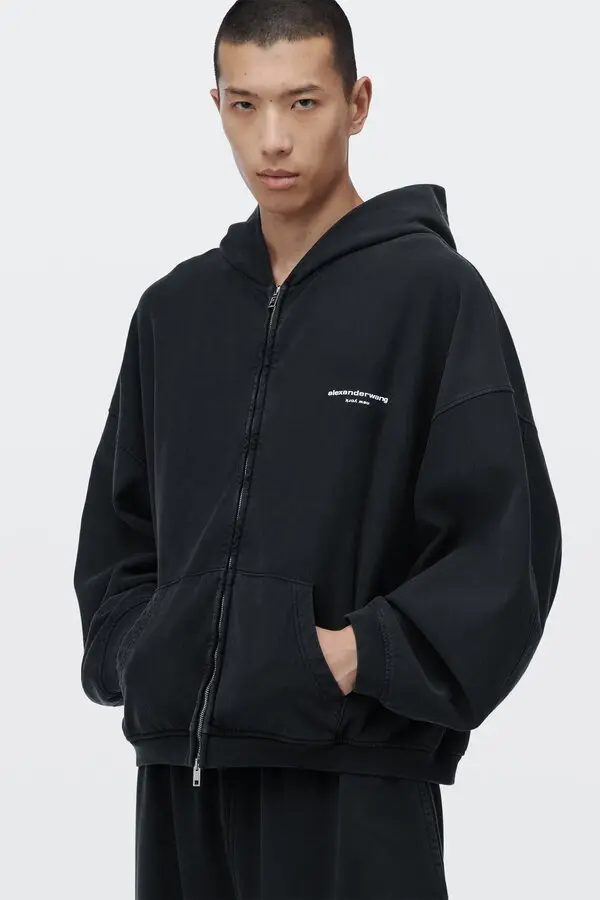 Alexander Wang Logo Print Oversized Zip-up Hoodie - Washed Black