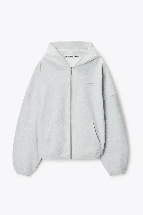 Alexander Wang Crystal Hotfix Oversized Zip-up Hoodie - Light Heather Grey