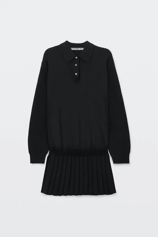 Alexander Wang Long Sleeve Polo Dress With Heat Pressed Skirt - Black