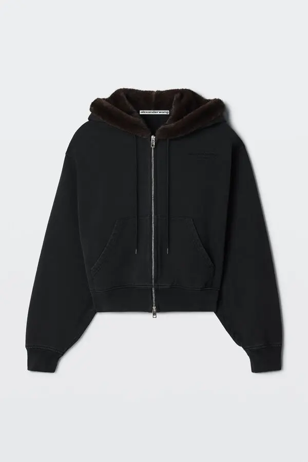Alexander Wang Zip-up Hoodie W/ Faux Fur Hood - Washed Black