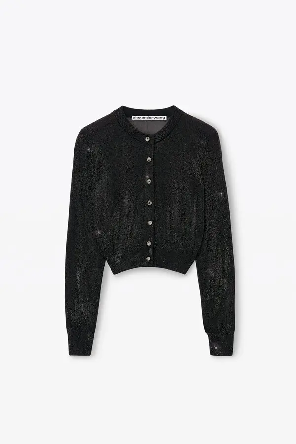 Alexander Wang Cropped Crewneck Cardigan W/ Clear Bead Hotfix - Black