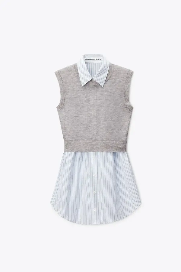 Alexander Wang Layered Sleeveless Shirt Dress With Knit Top - Heather Grey