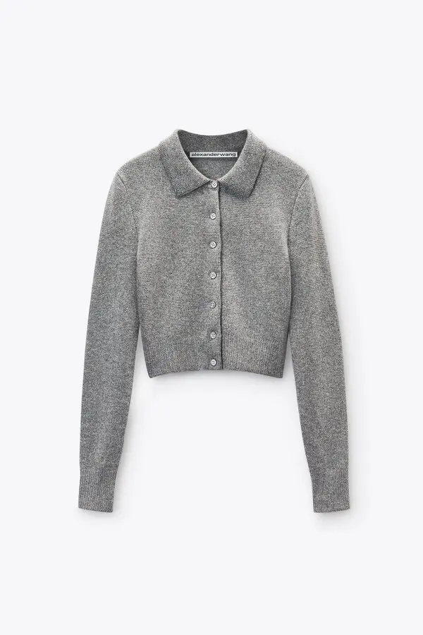 Alexander Wang Ls Polo Cardigan W/ Hotfix - Heather Grey