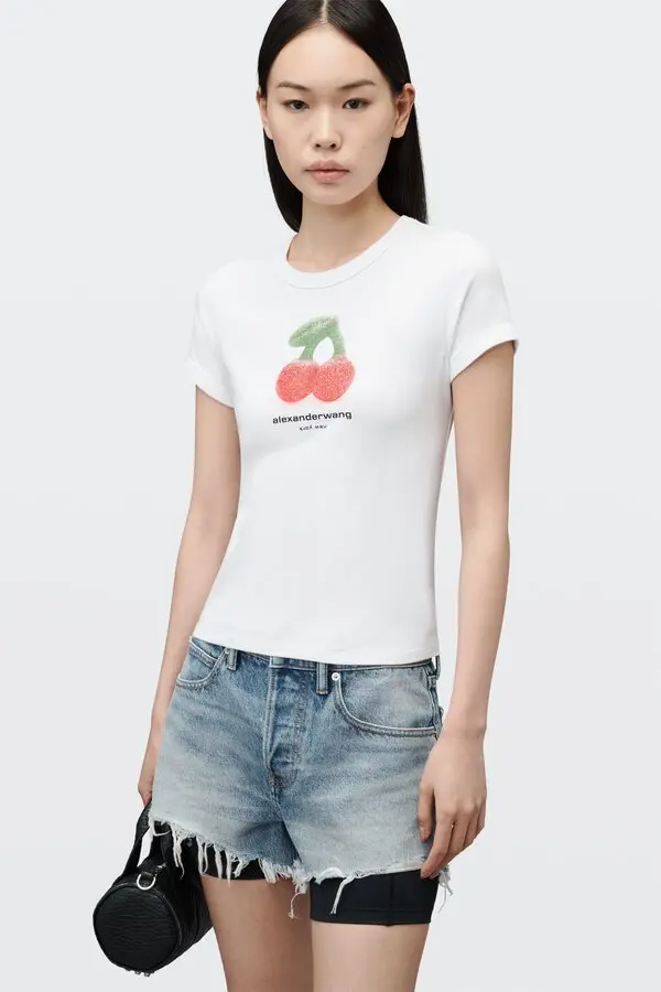 Alexander Wang Fitted Ringer Tee W/ Cherry Graphic - White