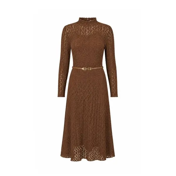 YUMI High Neck Lace Midi Dress - Brown
