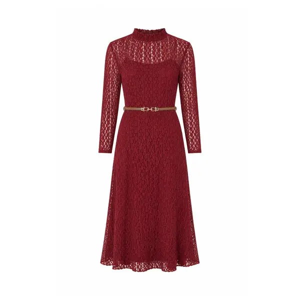 YUMI Burgundy High Neck Lace Midi Dress - Red