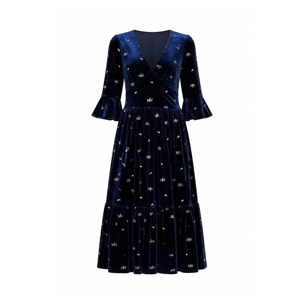 YUMI Navy Velvet Embroidered Midi Dress - Blue