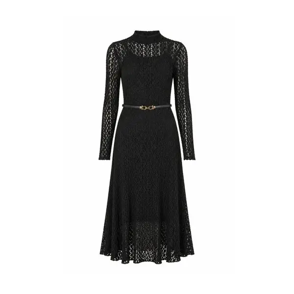 YUMI High Neck Lace Midi Dress - Black