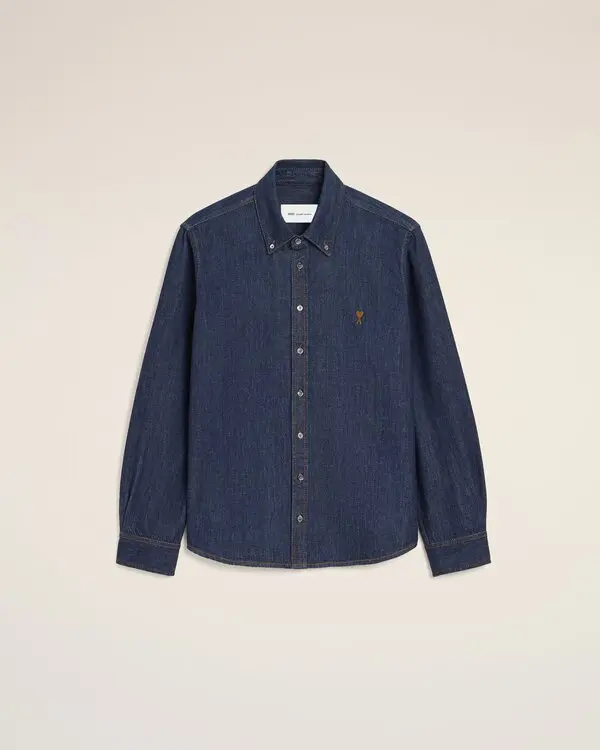 AMI Paris Blue Denim Cotton De Coeur Shirt Blue