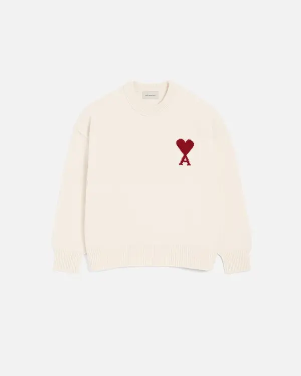 AMI Paris Natural Crewneck Wool Sweater With De Coeur White - Off White/ Red