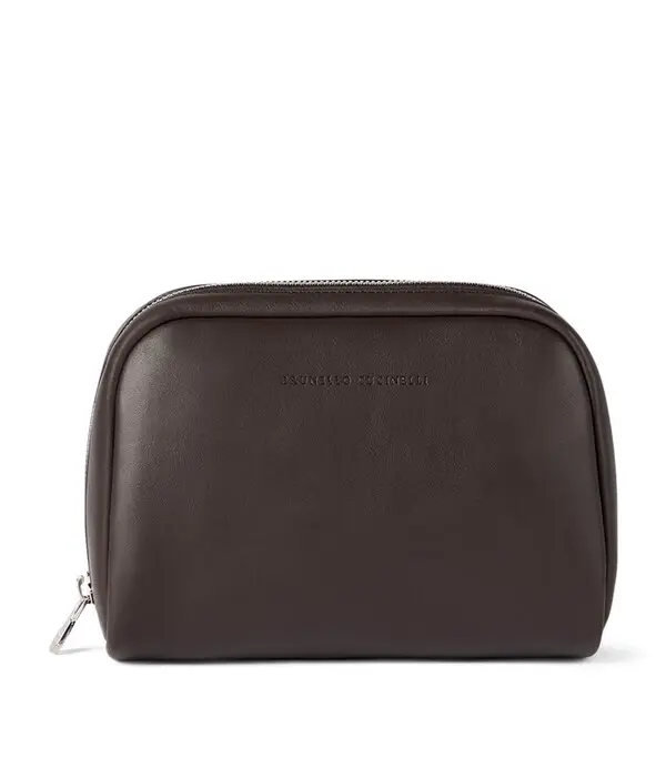 Brunello Cucinelli Leather Logo Wash Bag - Brown