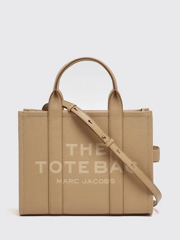 Marc Jacobs The Medium Tote Bag In Grained Leather With Printed Logo - Camel
