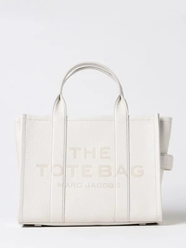 Marc Jacobs The Medium Tote Bag In Grained Leather With Printed Logo - White