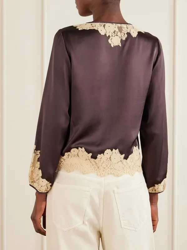 DÔEN Lucine Lace-trimmed Silk-satin Blouse - Burgundy