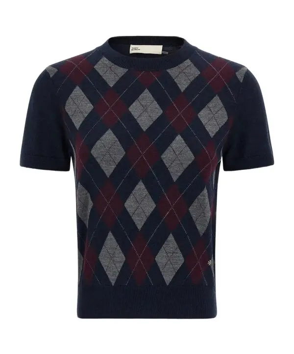 Tory Burch Short-sleeve Argyle Knitted Sweater - Blue