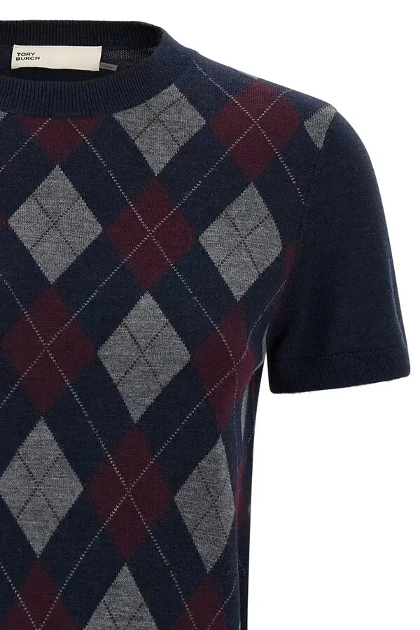 Tory Burch Short-sleeve Argyle Knitted Sweater - Blue