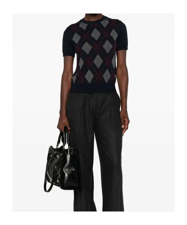 Tory Burch Short-sleeve Argyle Knitted Sweater - Blue