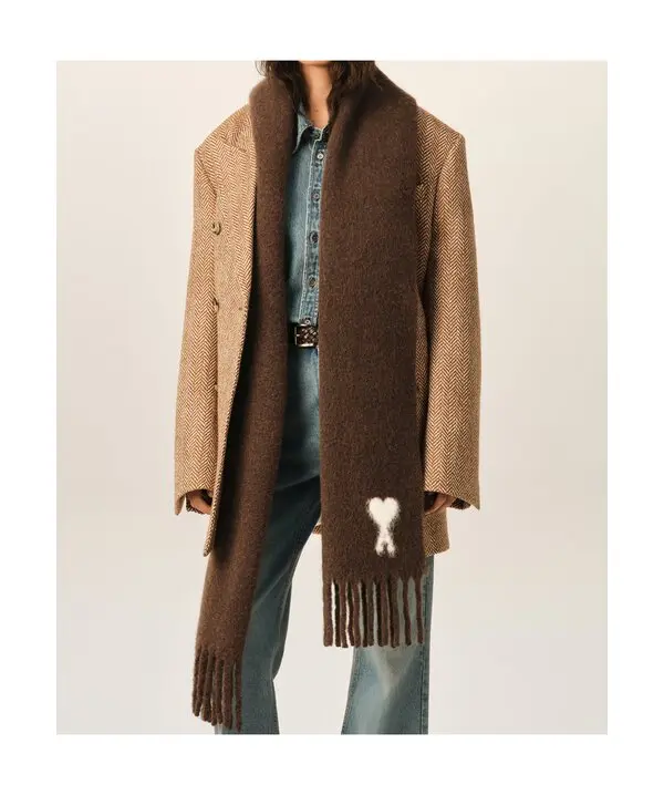 AMI Paris Brown Alpaca Scarf With De Coeur