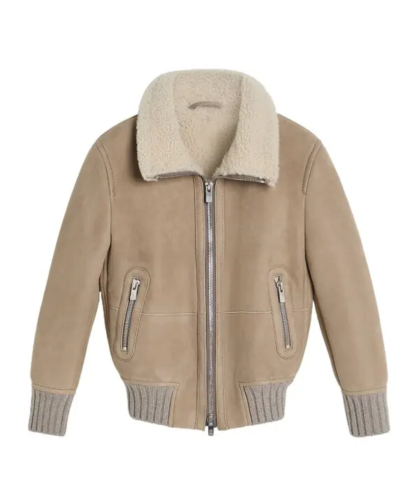 Brunello Cucinelli Suede Curly Shearling Bomber Jacket With Cashmere Knit Inserts