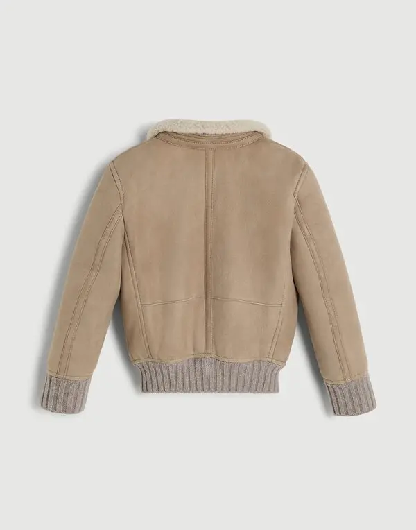 Brunello Cucinelli Suede Curly Shearling Bomber Jacket With Cashmere Knit Inserts