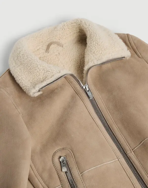 Brunello Cucinelli Suede Curly Shearling Bomber Jacket With Cashmere Knit Inserts