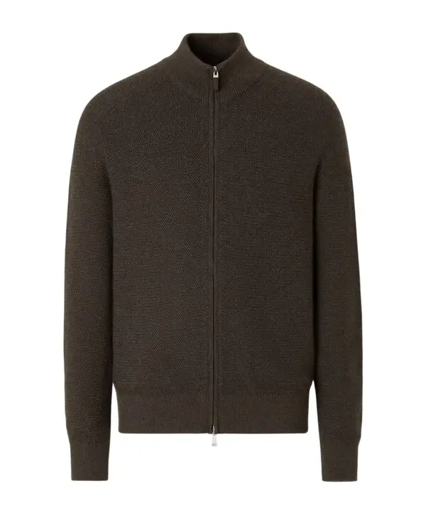 Zegna Dark Olive Green And Dark Grey Cashseta Full Zip Cardigan - Black