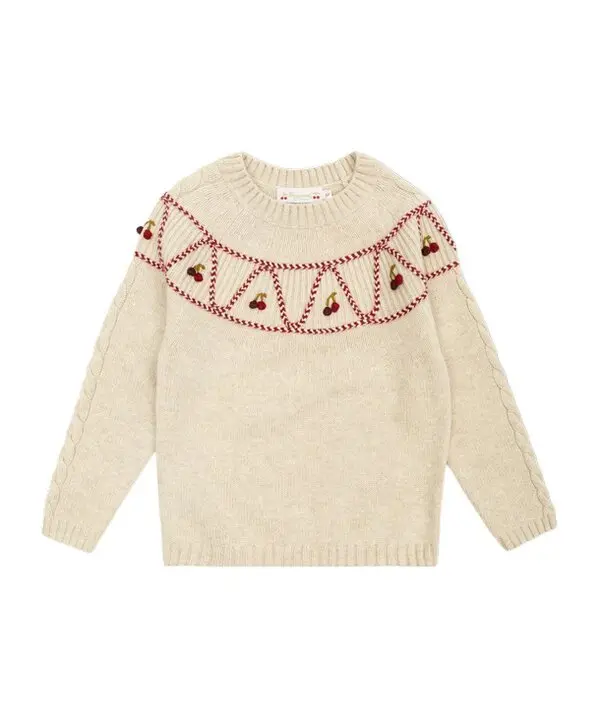 Bonpoint Cherry-embroidered Cable-knit Sweater