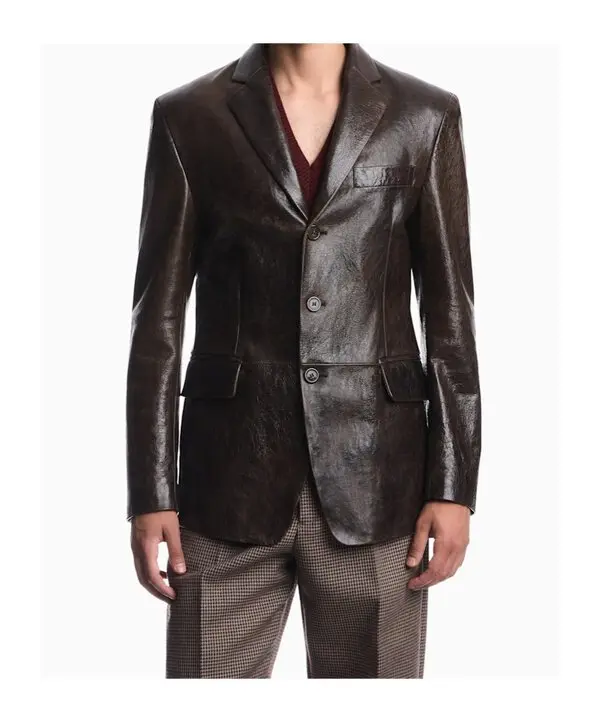 Emporio Armani Blazer In Shiny Drummed Leather With Logo Buttons