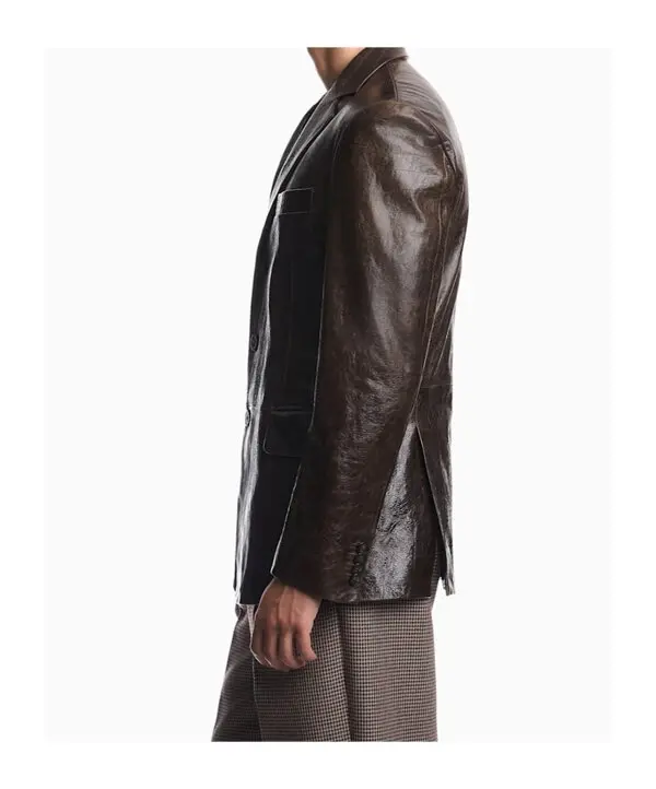 Emporio Armani Blazer In Shiny Drummed Leather With Logo Buttons