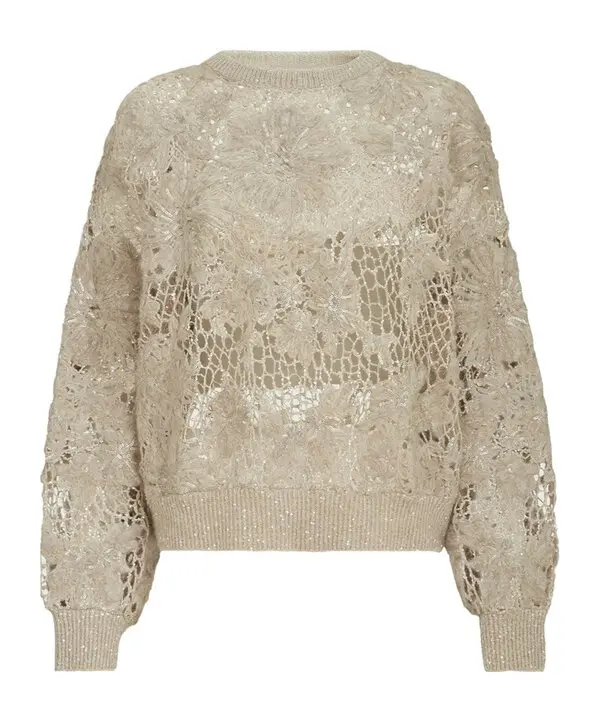 Brunello Cucinelli Whispering Bloom Embroidery Sweater - Sand
